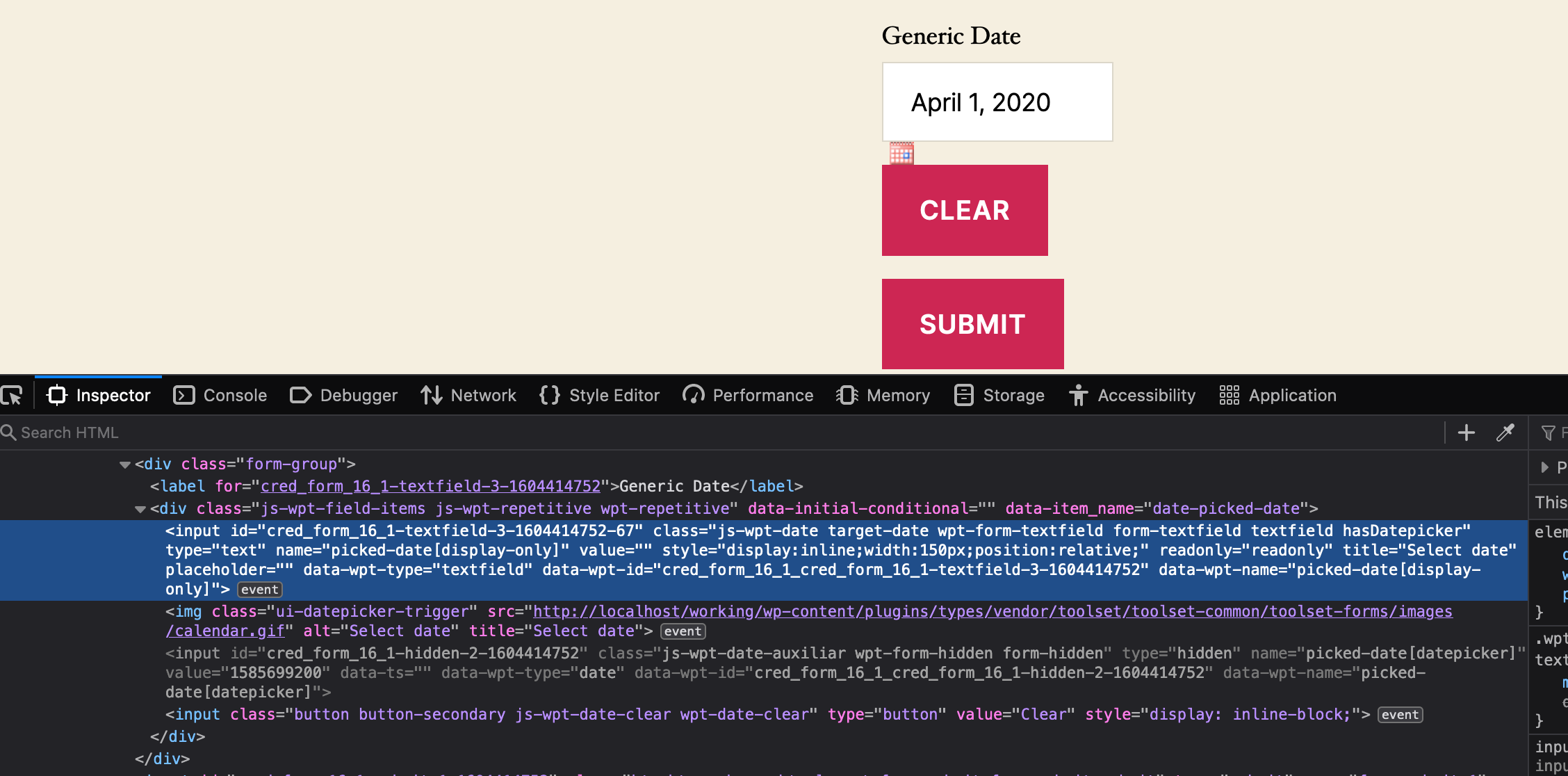 Como obtener la fecha con js de un generic datepicker - Toolset
